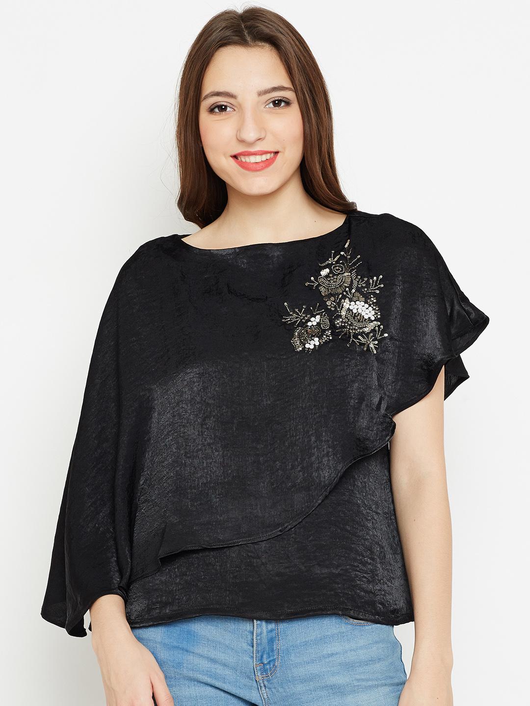 Buy AND Women Black Solid Cape Layered Top With Embellished Detail ...