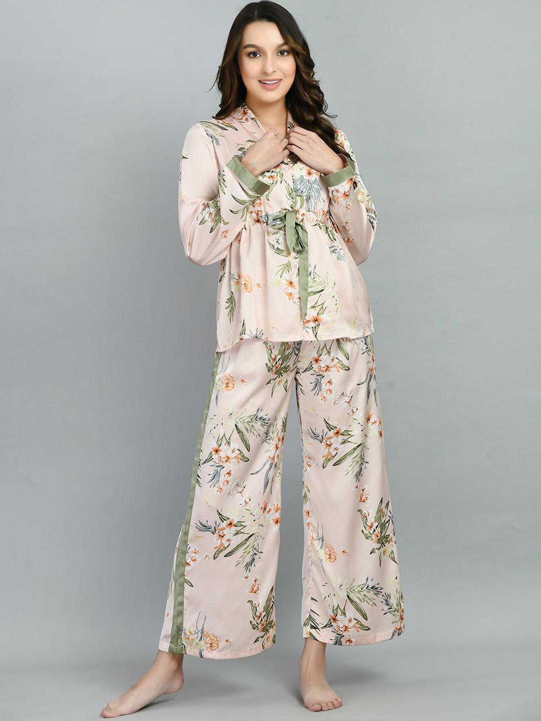Buy Fuchsia Floral Printed Satin Night Suit - Night Suits for Women ...
