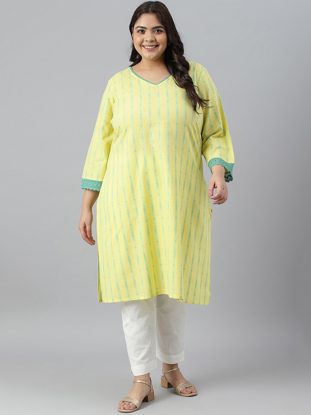 Buy AURELIA Plus Size Striped Lace Work Cotton Kurta - Kurtas for Women ...