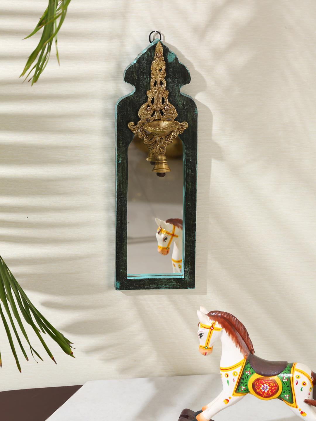 Buy Amoliconcepts Green Distress Finish Mirror With Brass Bell Diya ...