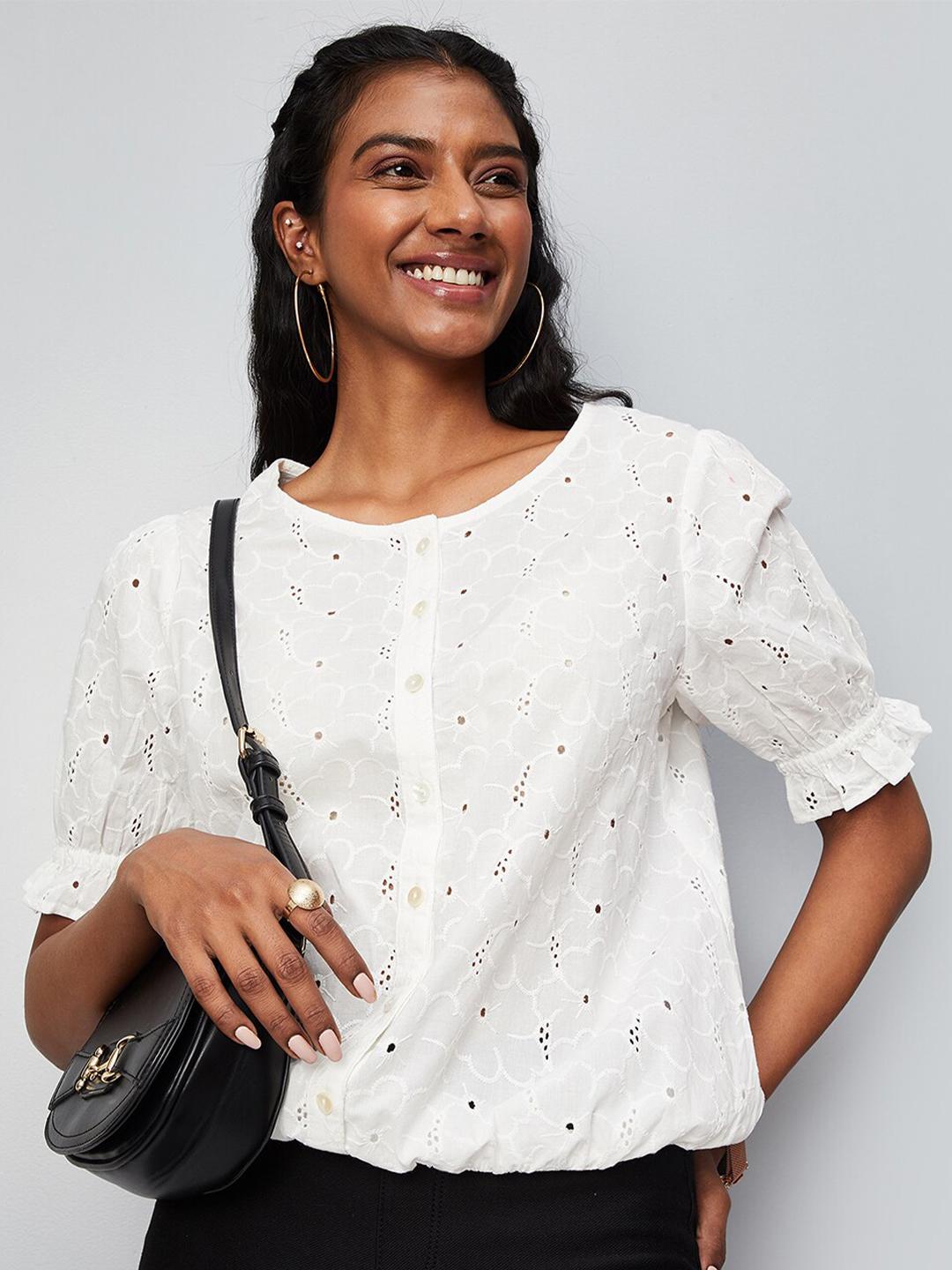 Buy Max Self Design Round Neck Puff Sleeves Cotton Top - Tops for Women ...