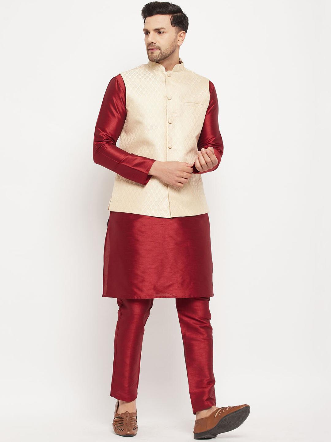 Buy VASTRAMAY Mandarin Collar Kurta With Pyjamas With Woven Design ...