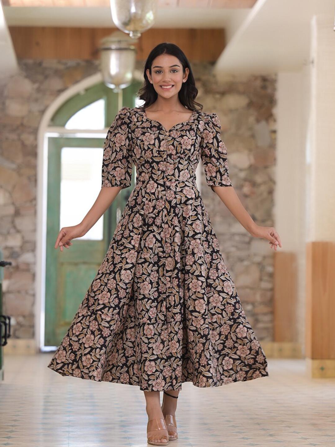 Buy Hatheli Printed Cotton Sweetheart Neck A Line Dress - Dresses for ...