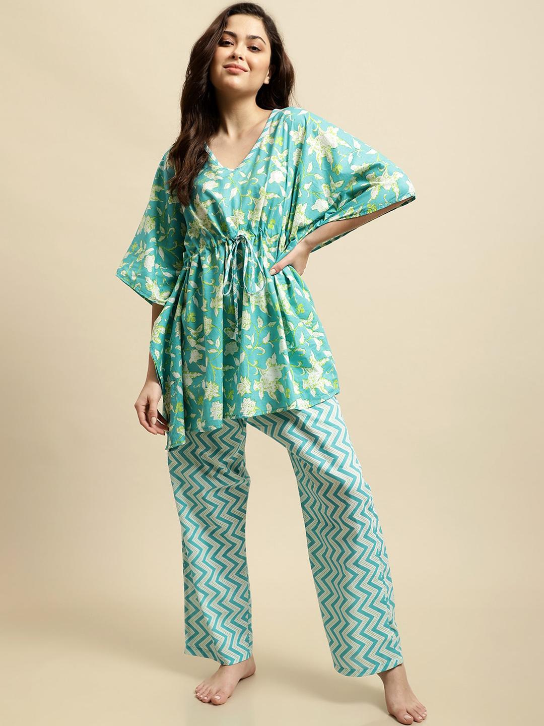 Buy Secret Wish Sanganeri Floral Printed Pure Cotton Kaftan Night Suit ...