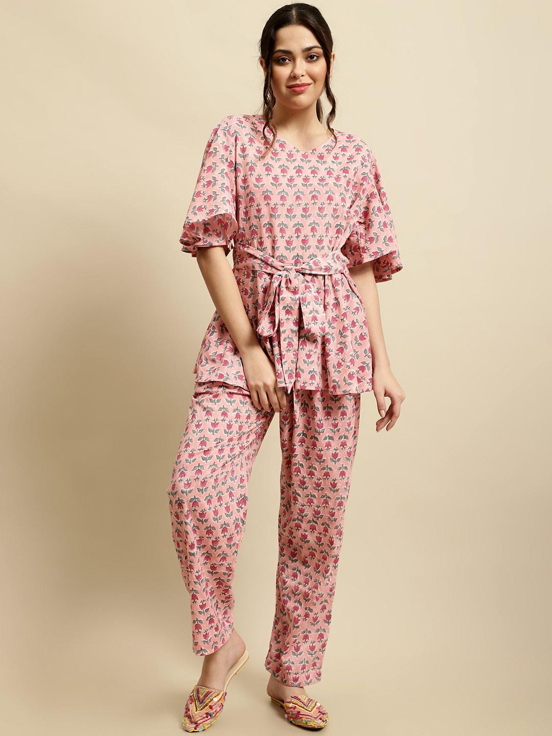 Buy Secret Wish Handblock Floral Printed Pure Cotton Night Suit - Night ...