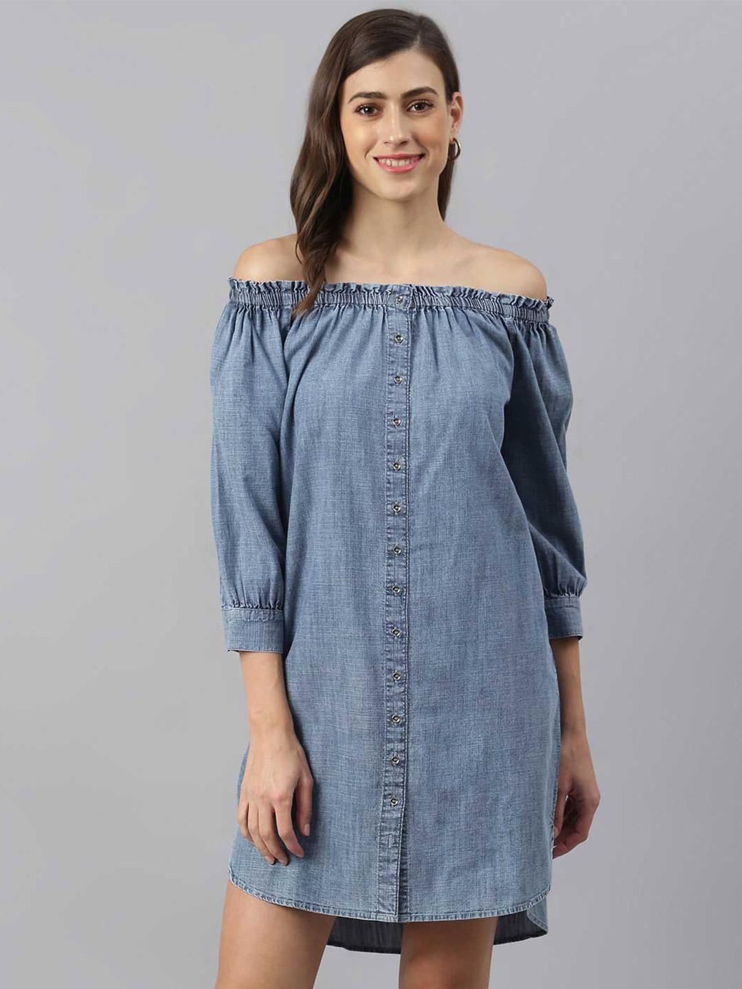 Buy Xpose Off Shoulder Button Down Denim A Line Dress - Dresses for ...