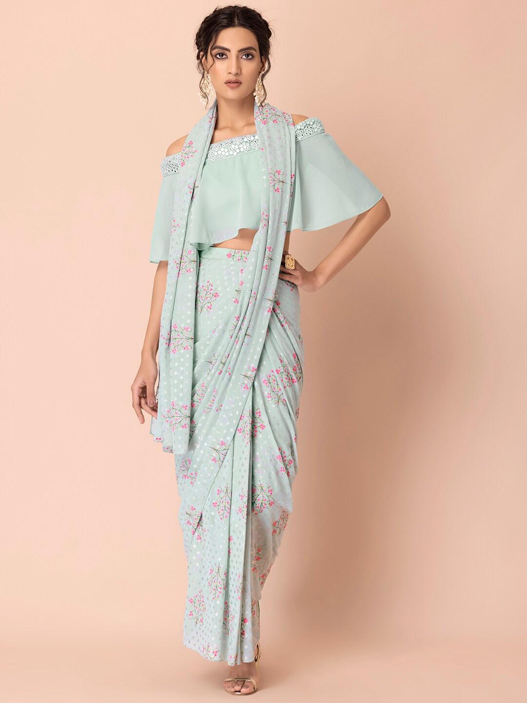 Buy INDYA Floral Foil Printed Pre Draped Sarees - Sarees for Women ...