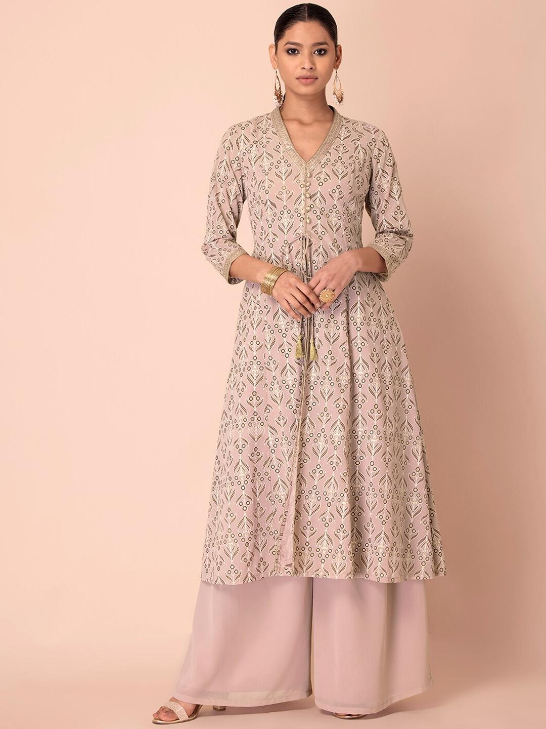Buy INDYA Ethnic Motifs Printed High Front Slit A Line Georgette Kurta ...