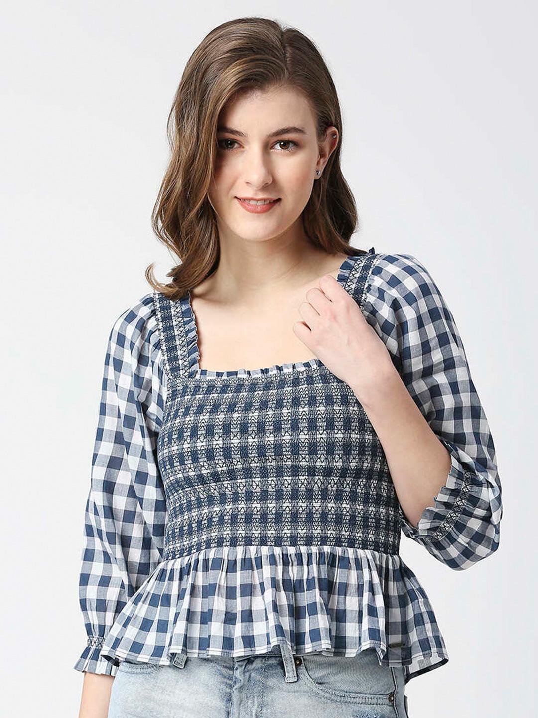 Buy Pepe Jeans Square Neck Checked Cotton Peplum Top - Tops for Women ...