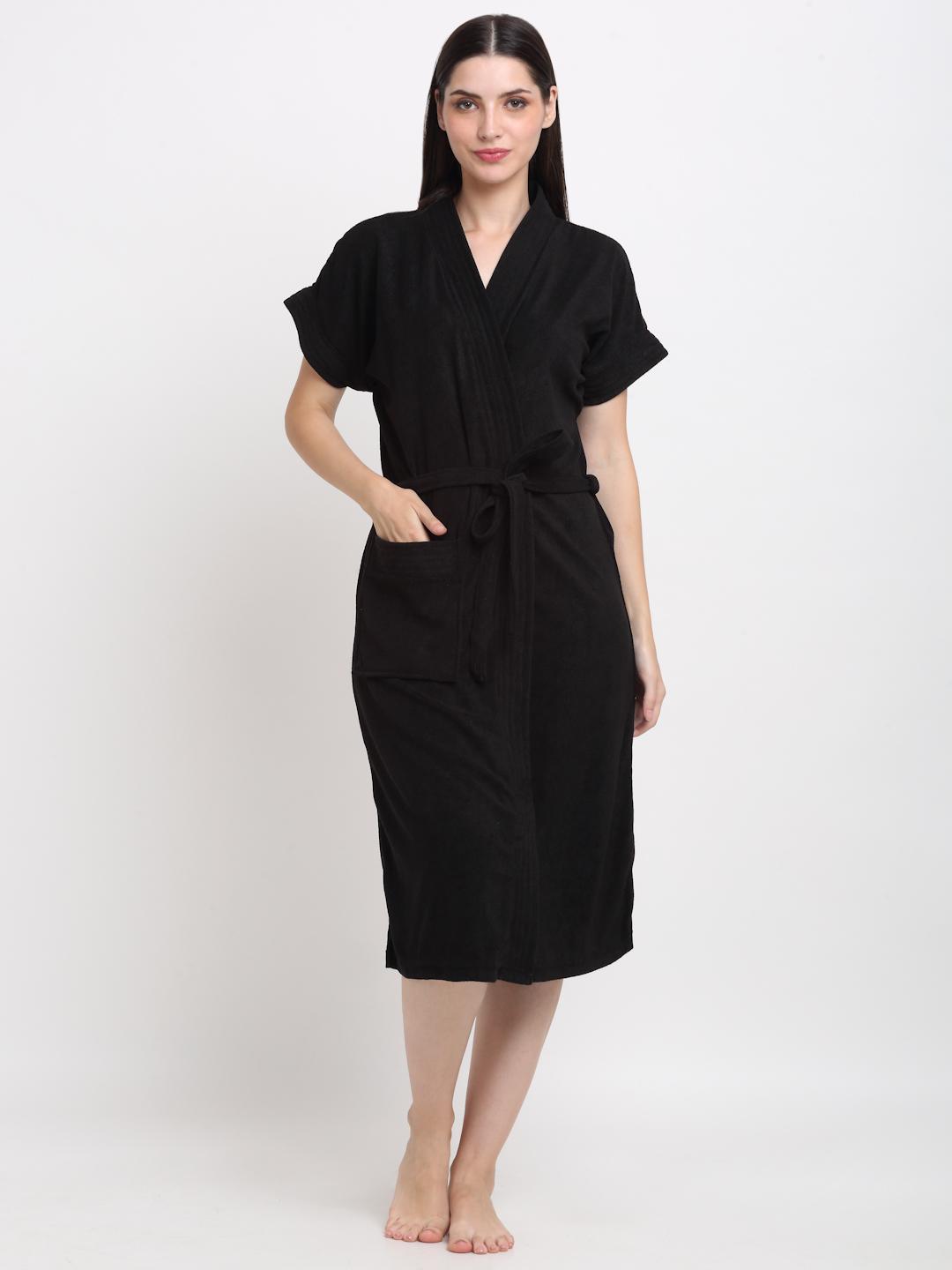 Buy Creeva Everyday Black Solid Terrycloth Drawstring Midi Bath Robe ...