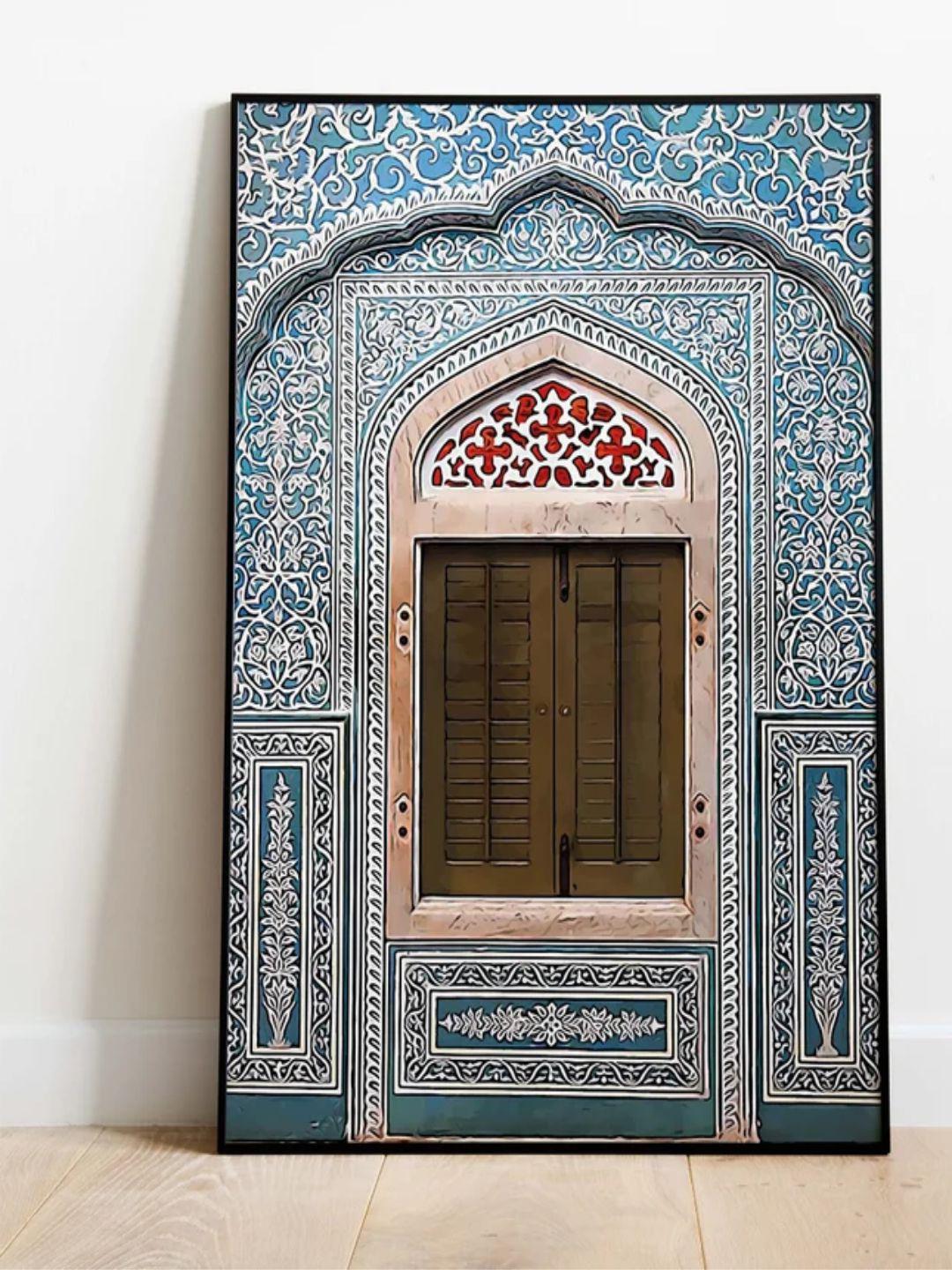 Buy INDIAN CLASSIC ART Blue & White Jaipur Travel Poster Framed Wall ...