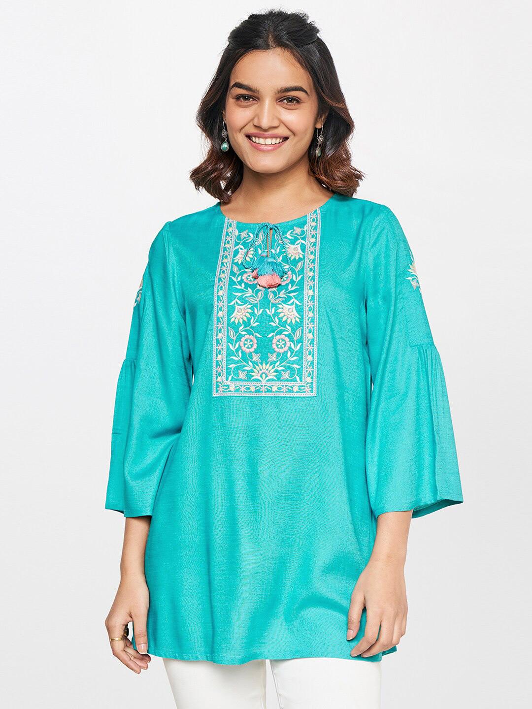 Buy Global Desi Floral Embroidered Round Neck Tunic - Tunics for Women ...