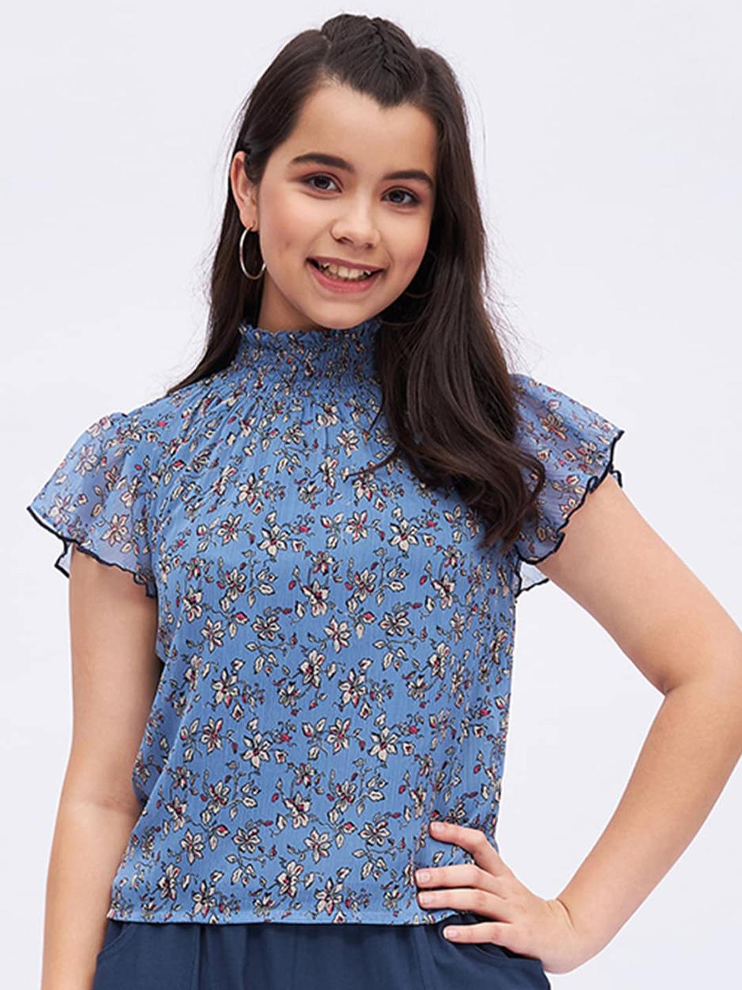 Buy Luyk Girls Floral Printed Smocked Peplum Crepe Top Tops For Girls