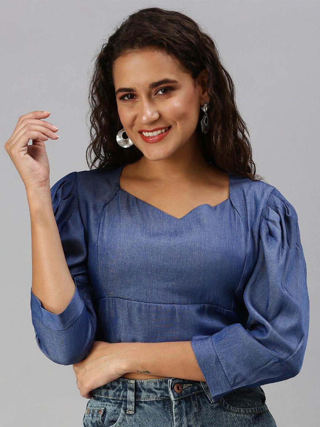 Buy SHOWOFF Smocked Puff Sleeves Denim Regular Crop Top - Tops for ...