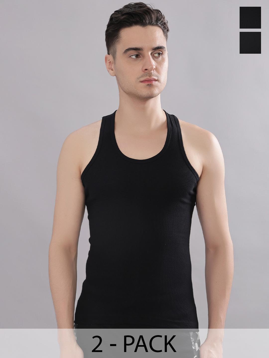 Buy Dollar Bigboss Men Solid Pack Of 2 Black Cotton Stretch Rib Regular ...