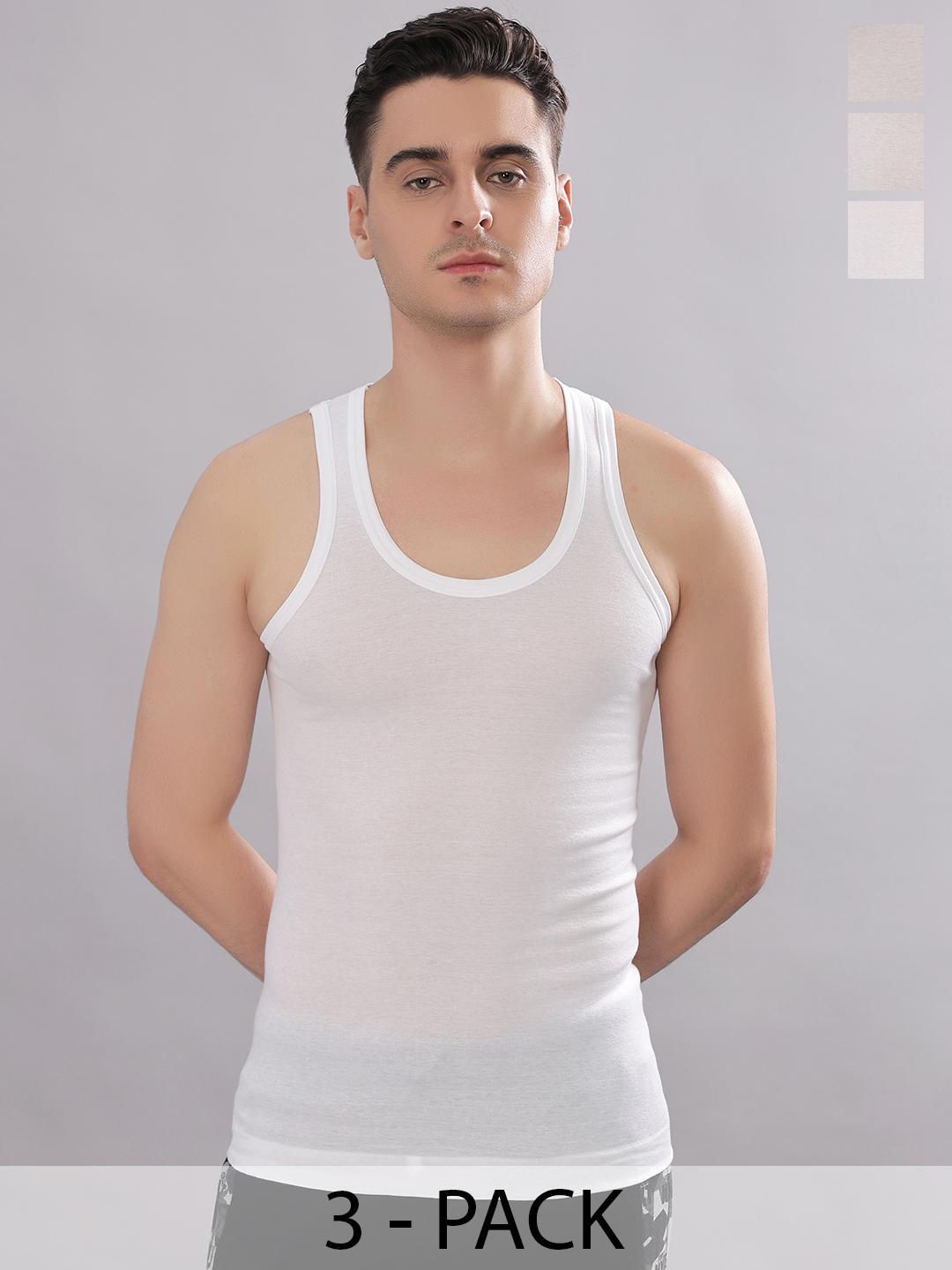 Buy Dollar Bigboss Men Solid Pack Of 3 White Combed Cotton Ribbed ...