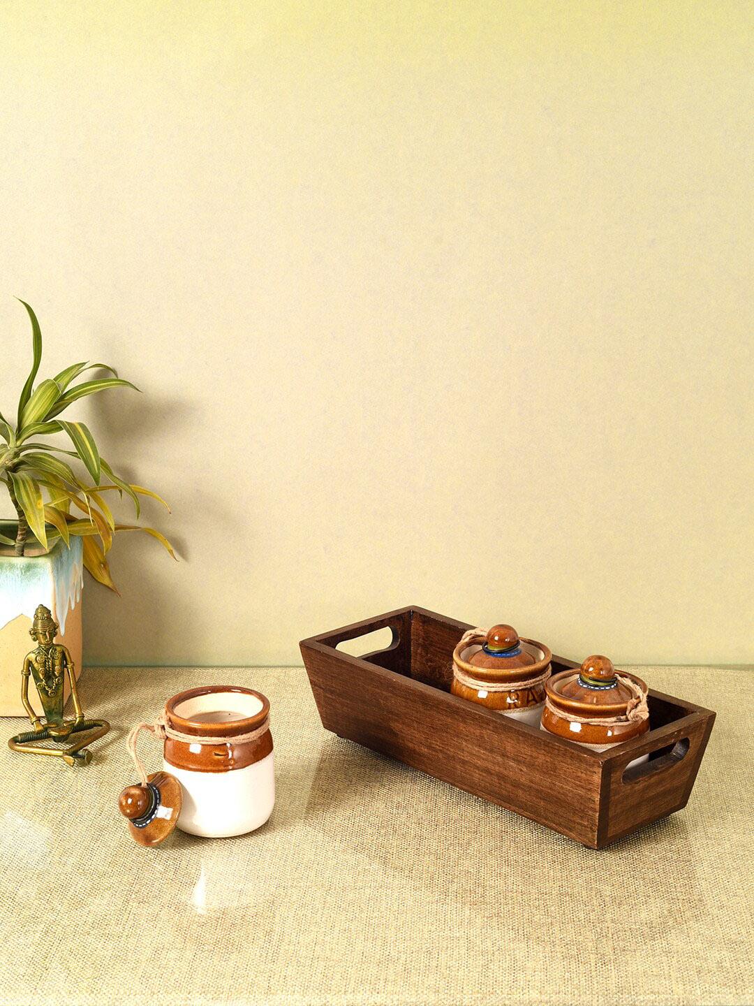 Buy AAKRITI ART CREATIONS Brown & White 4 Pieces Ceramic Barnis With ...