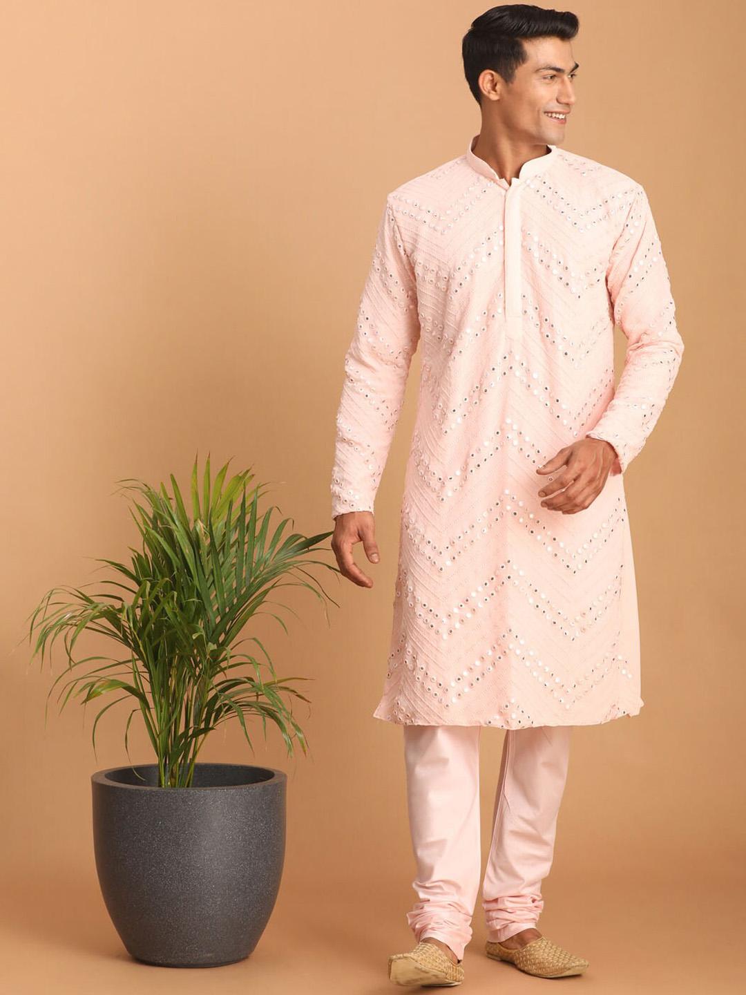Buy VASTRAMAY Chevron Embroidered Mirror Work Kurta With Churidar ...