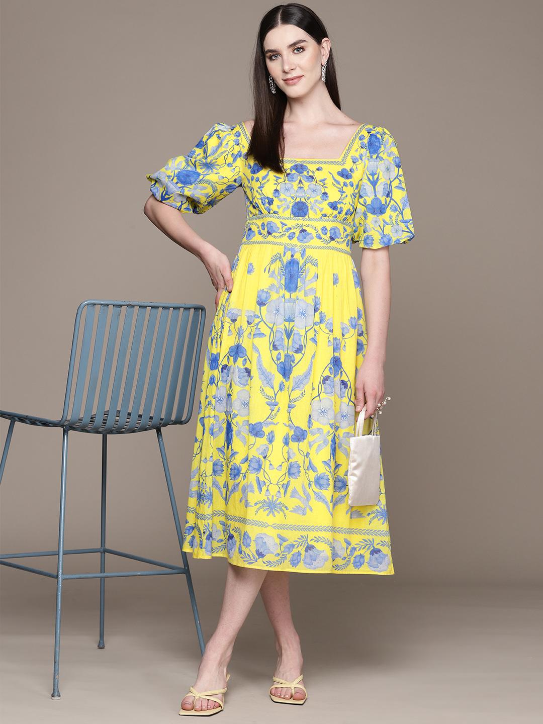 Buy Label Ritu Kumar Floral Print Puff Sleeve A Line Midi Dress ...