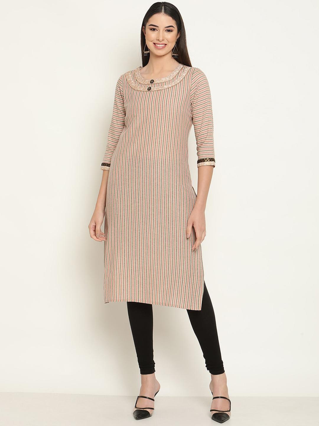 Buy Be Indi Women Round Neck Striped Straight Side Slits Regular Kurta ...