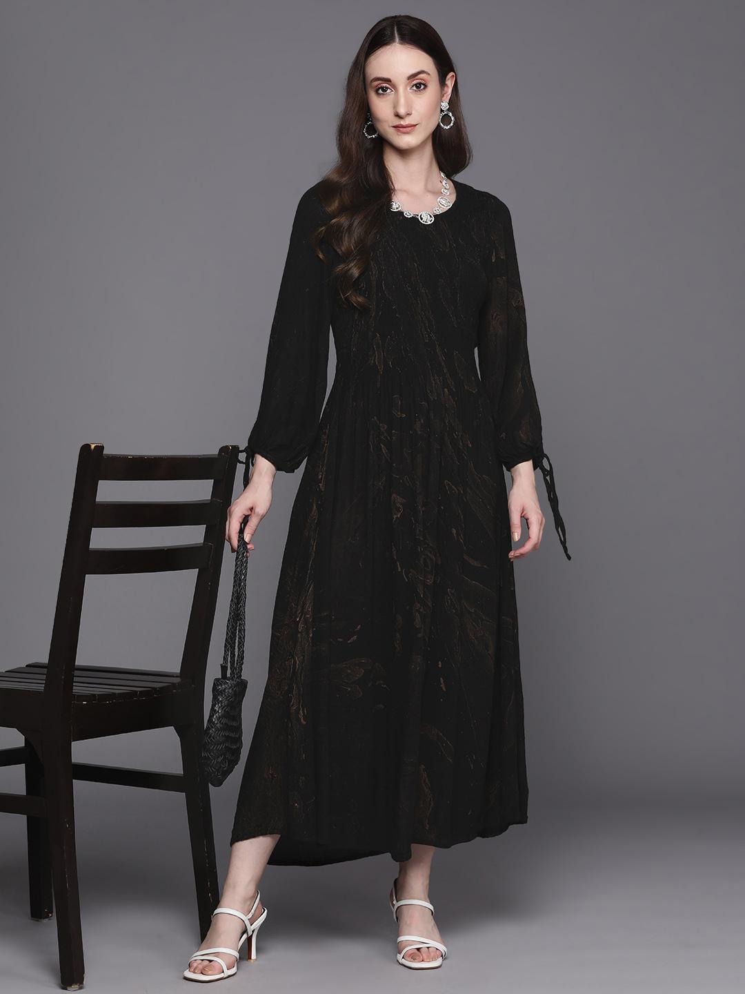 Buy Indo Era Dyed Puff Sleeves Fit & Flare Maxi Dress - Dresses for ...
