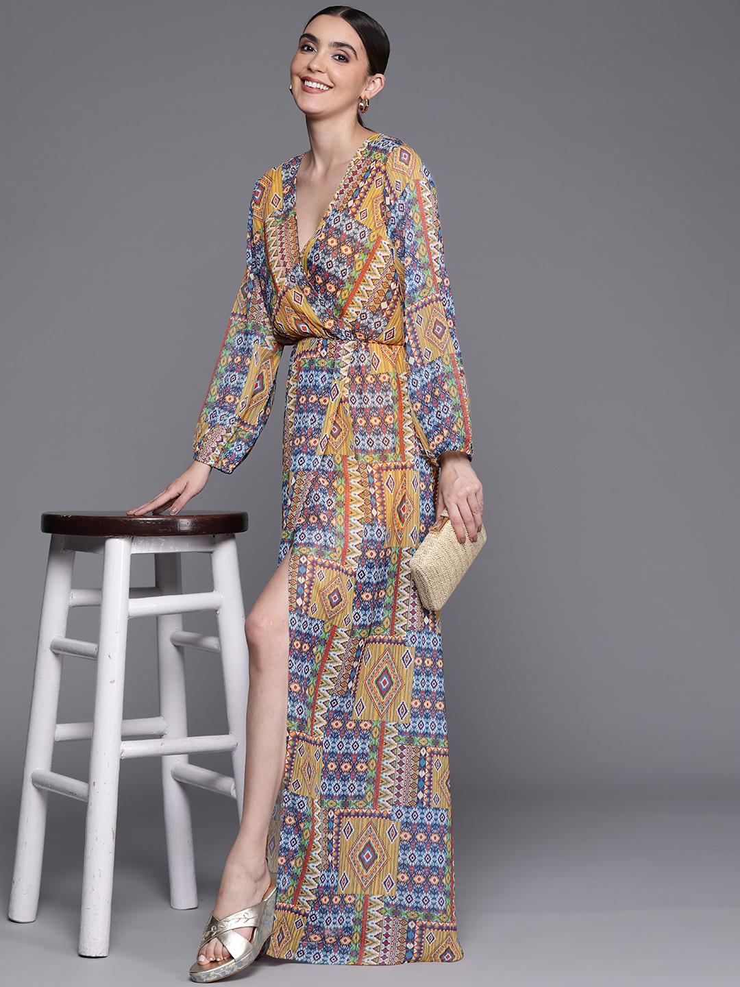 Buy Indo Era Bohemian Print Puff Sleeves Chiffon Maxi Wrap Dress With ...