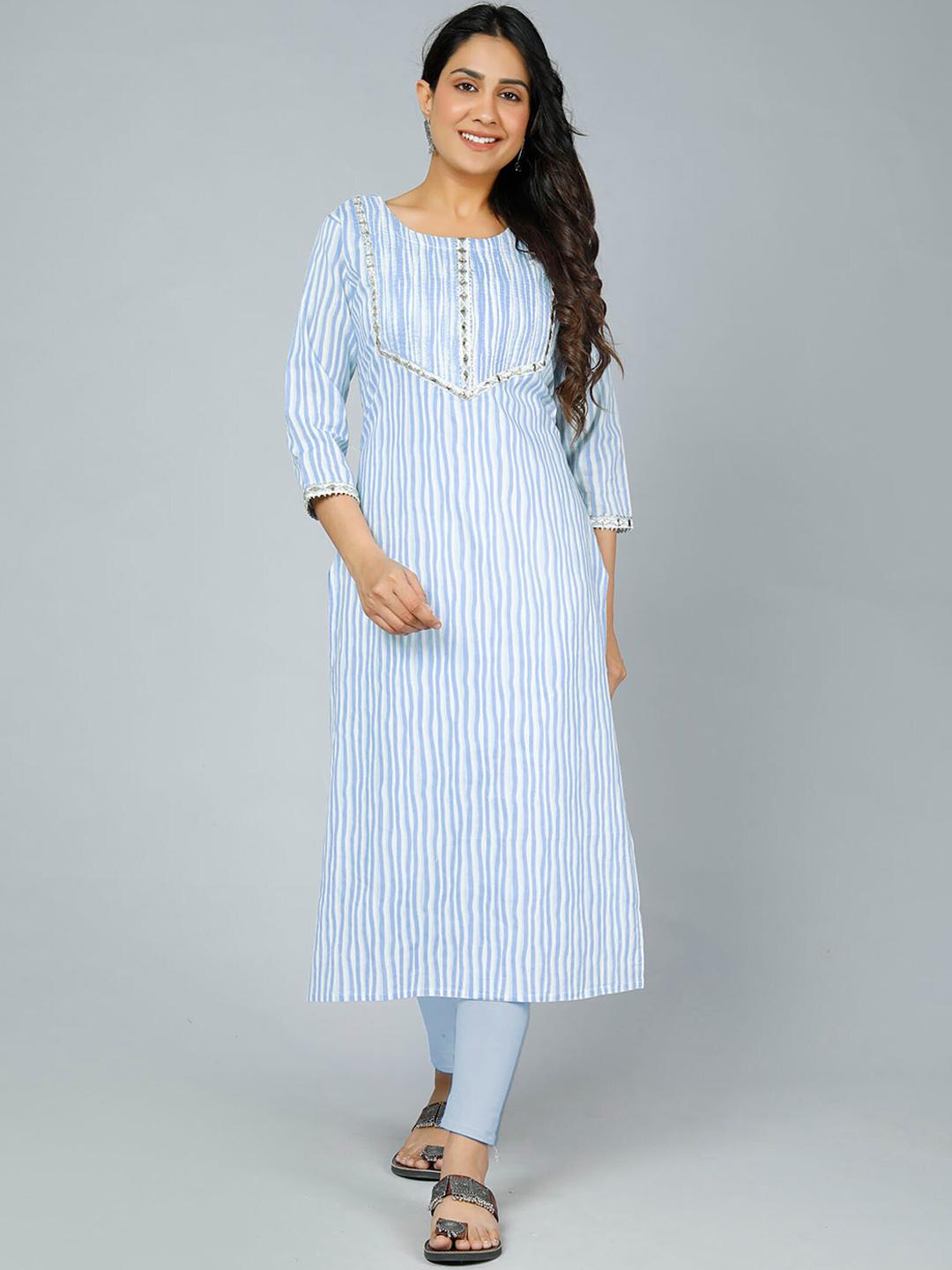 Buy Jevi Prints Striped Mirror Work Pure Cotton Kurta - Kurtas for ...