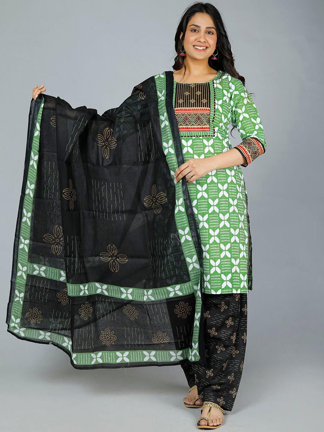 Buy Jevi Prints Women Green Printed Regular Pure Cotton Kurta With ...