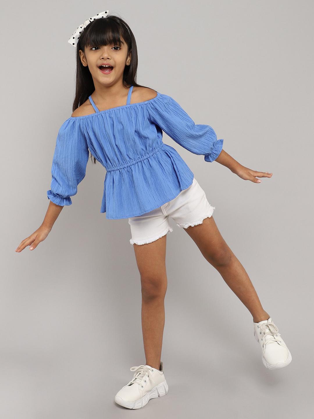 Buy Taffykids Girls Off Shoulder Puff Sleeves Cotton Cinched Waist Top ...