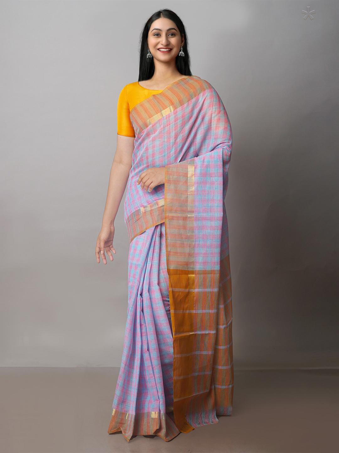 Buy Unnati Silks Checked Pure Cotton Handloom Mangalagiri Zari Saree ...