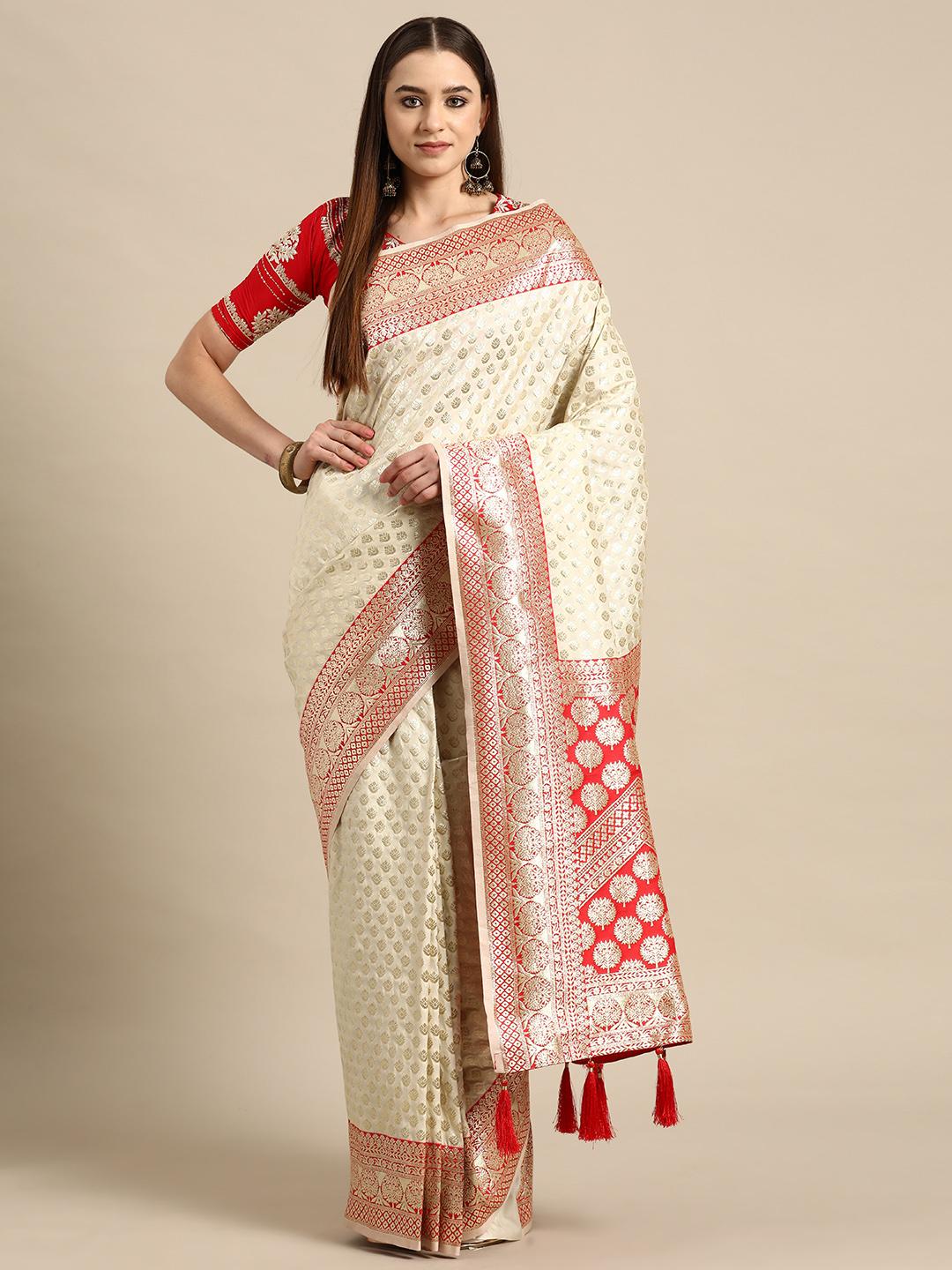 Buy MANOHARI White Woven Design Silk Blend Banarasi Saree - Sarees for ...