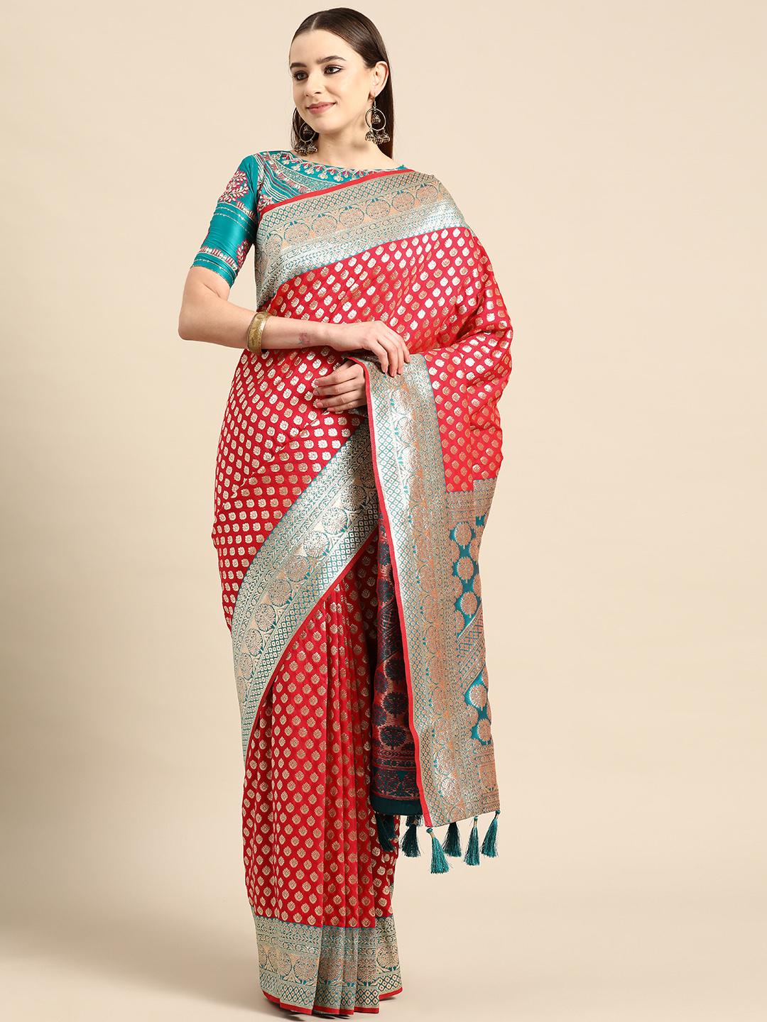 Buy MANOHARI Pink Woven Design Silk Blend Banarasi Saree - Sarees for ...
