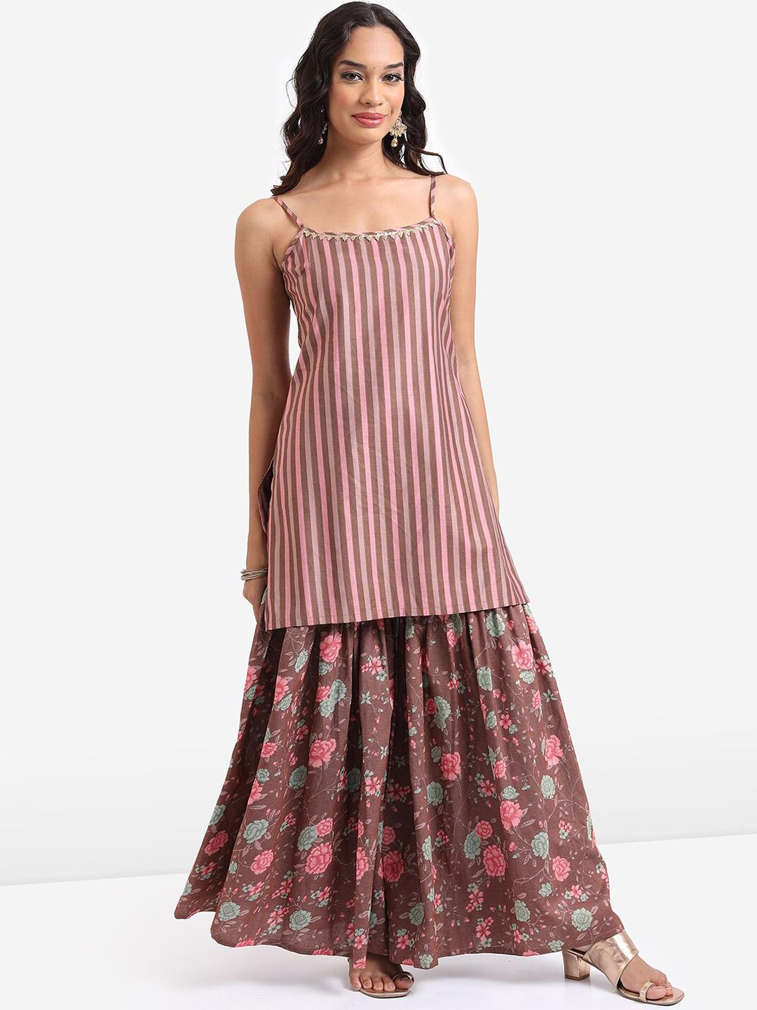 Buy KETCH Striped Shoulder Straps Kurta With Sharara & Dupatta - Kurta ...