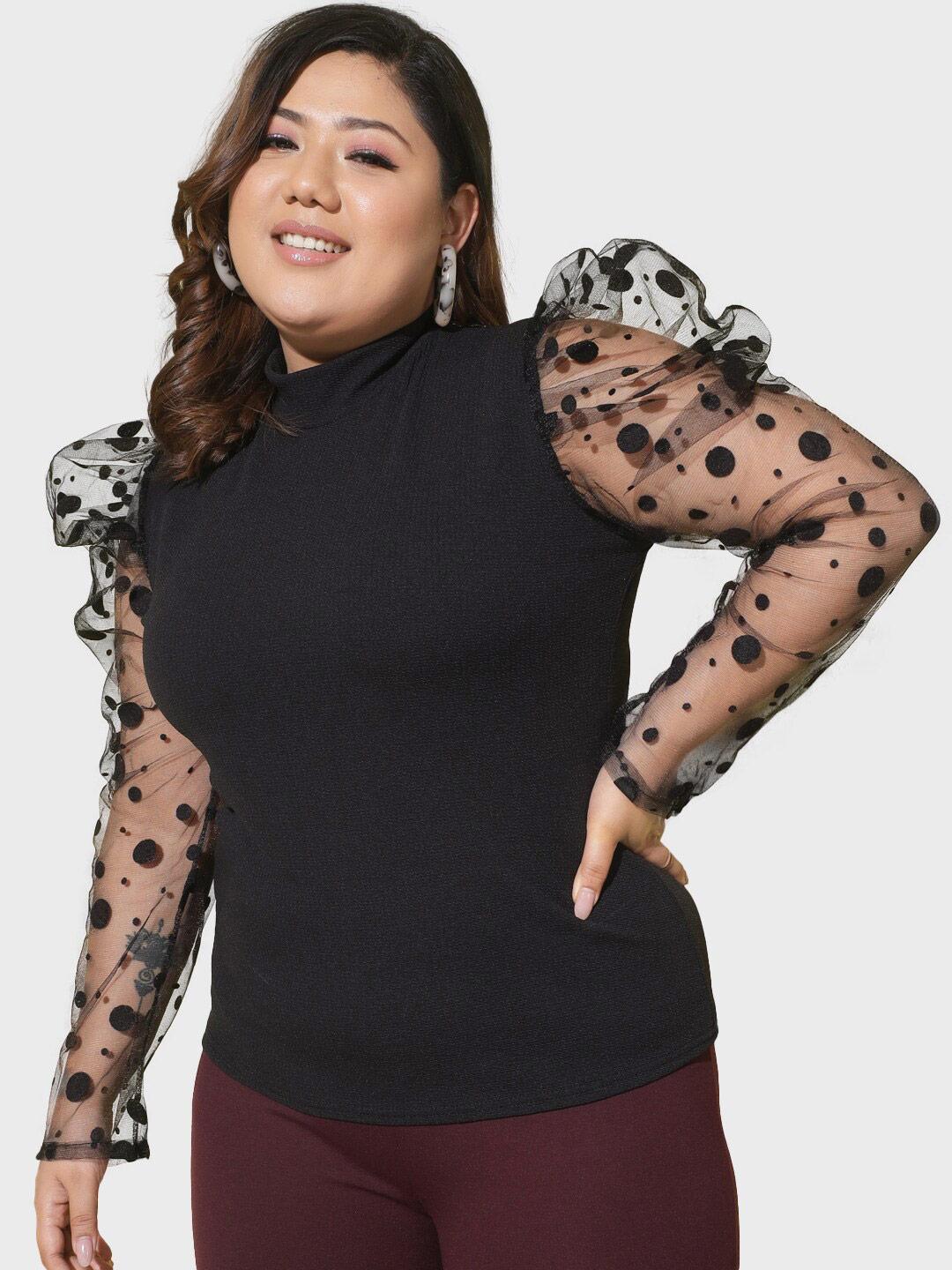Buy BUY NEW TREND Plus Size High Neck Long Netted Puff Sleeves Top ...
