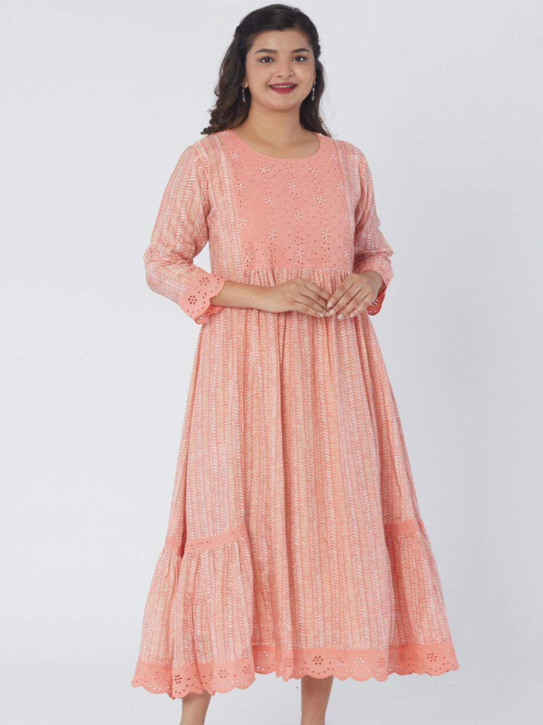Buy Taruni Peach Coloured & White Print Ethnic Fit & Flare Dress ...