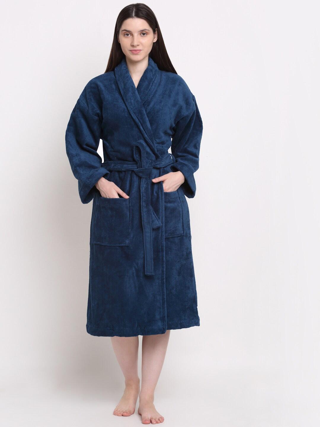Buy Creeva Luxury Blue Solid Cotton Drawstring Midi Bath Robe S - Bath ...