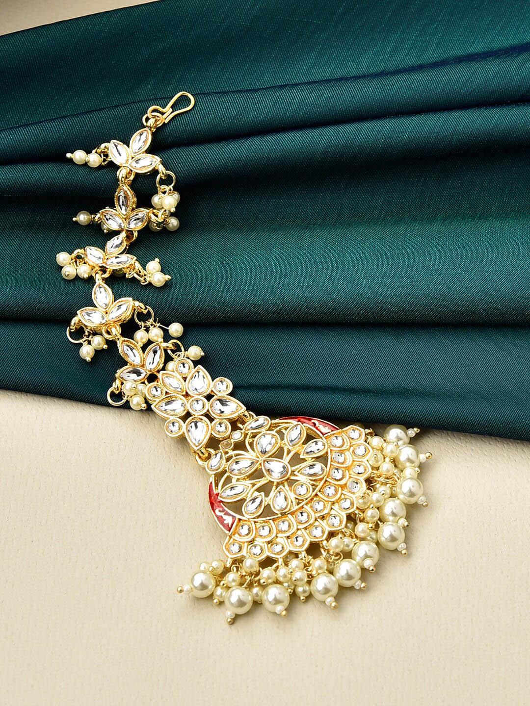 Buy Fida Gold Plated Floral Stone Studded & Pearl Beaded Maang Tikka ...