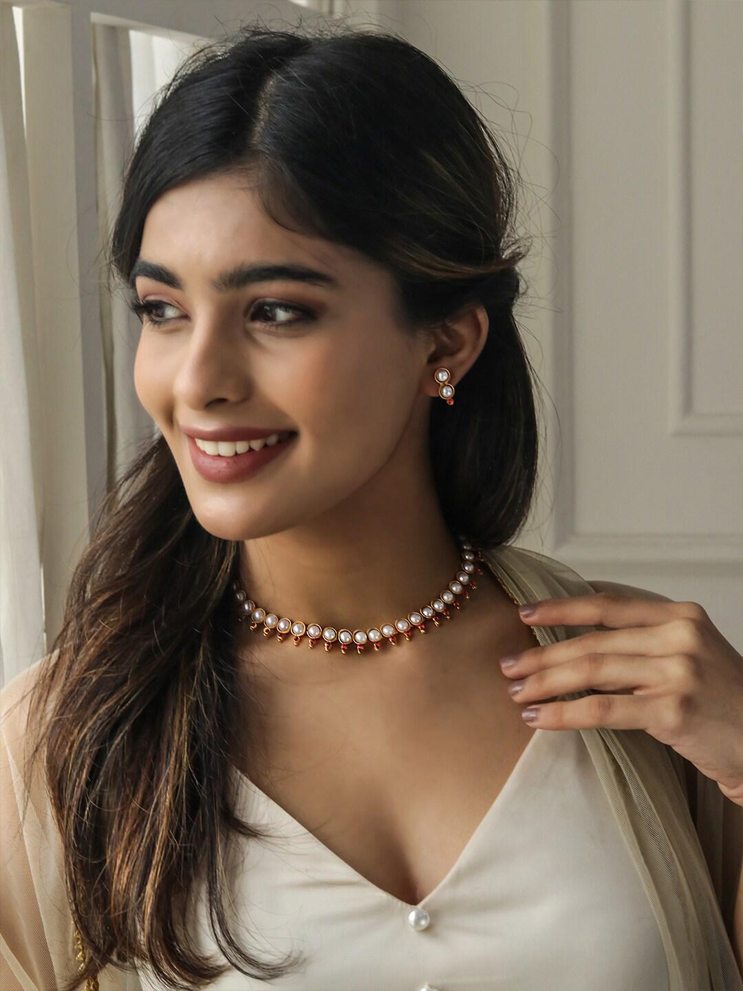 Buy Fida Gold Plated Pearl Studded & Beaded Temple Jewellery Set ...