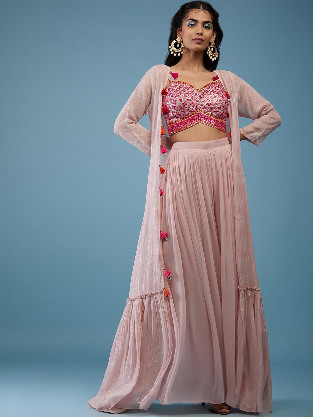 Buy KALKI Fashion Women Pink Embroidered Regular Mirror Work Top With ...