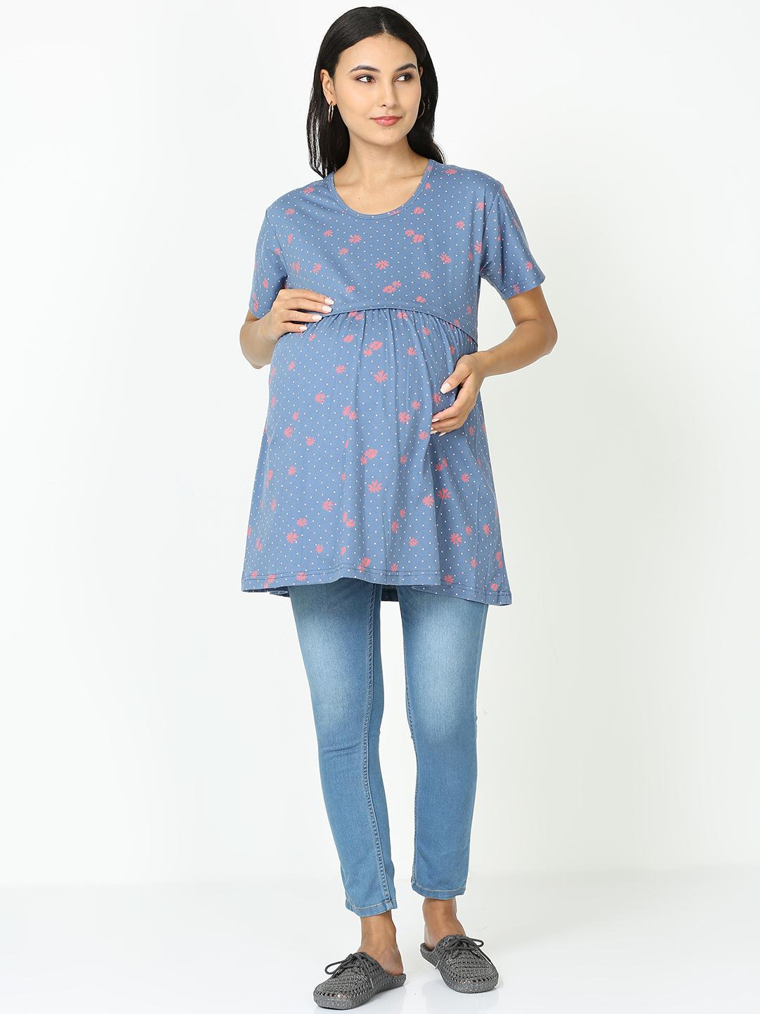 Buy 9shines Label Floral Printed Pure Cotton Longline A Line Maternity ...