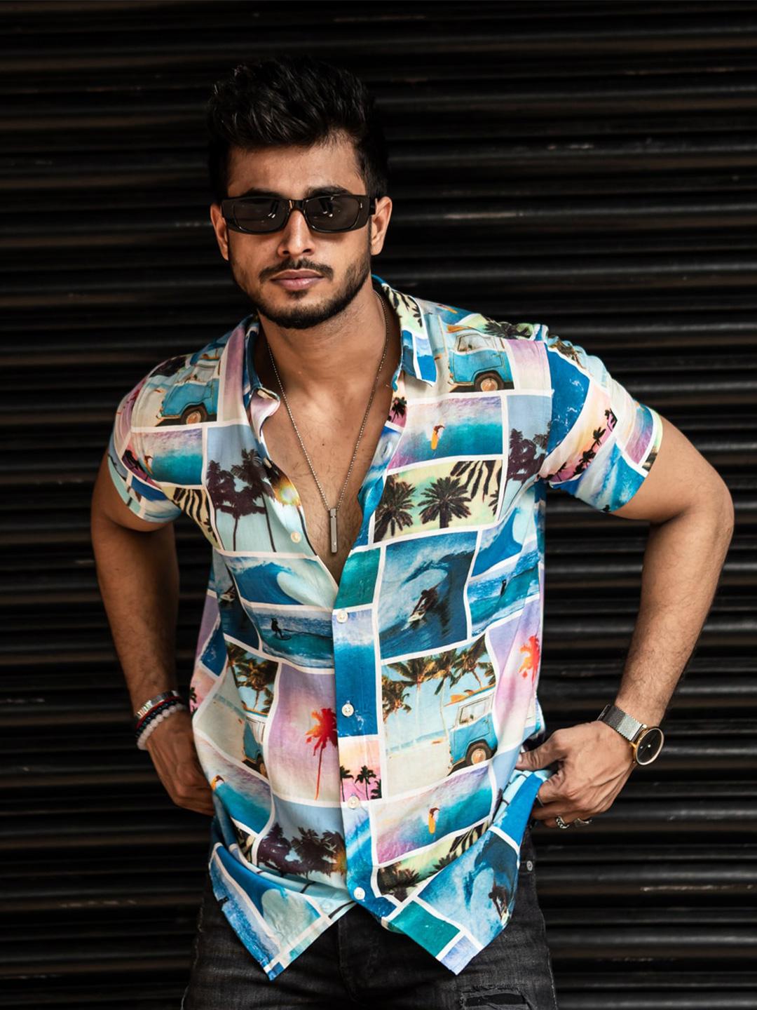 Buy Powerlook Turquoise Blue & Green Floral Printed Casual Shirt ...