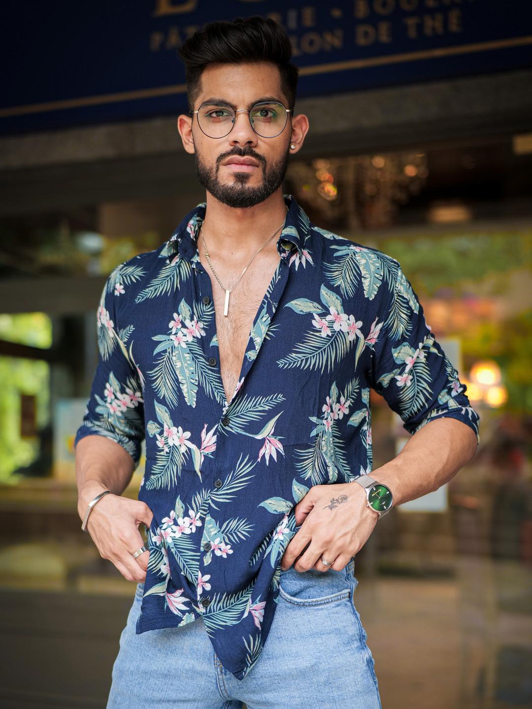 Buy Powerlook Navy Blue Tropical Printed Spread Collar Indian Slim ...