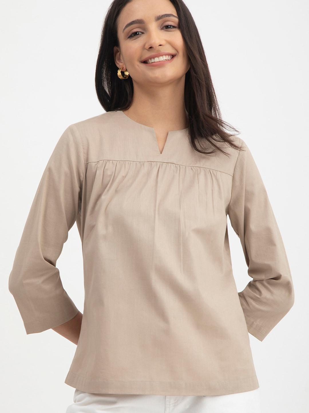 Buy FABLE STREET Notched Neck Gathered Or Pleated Linen Top - Tops for ...