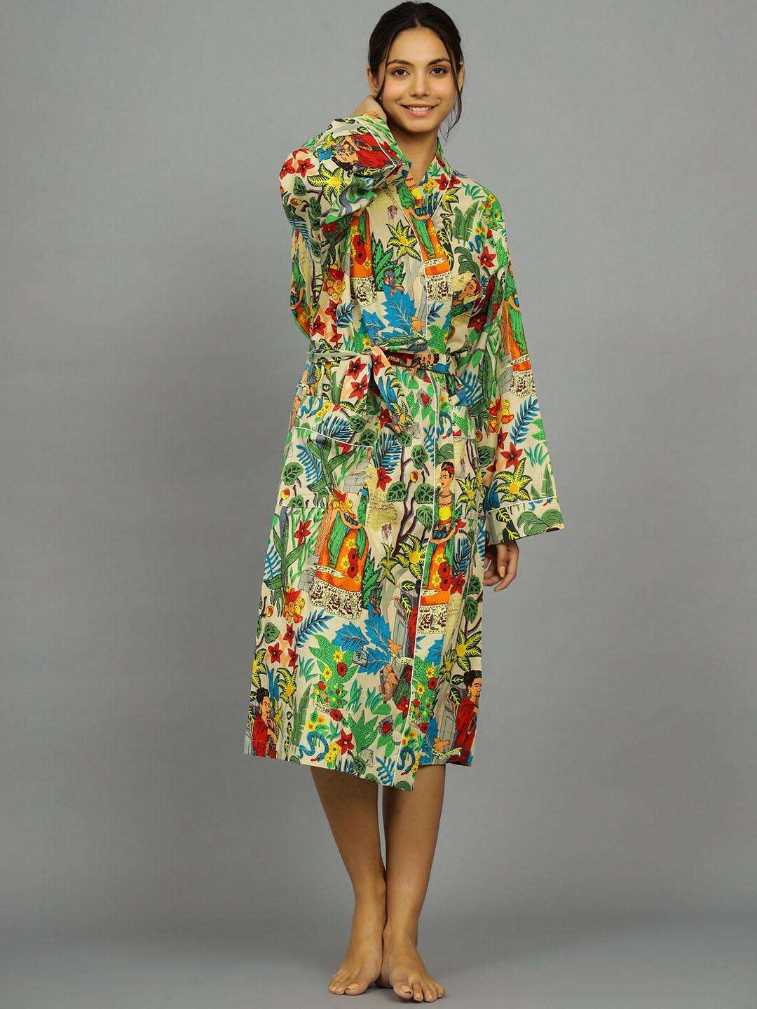 Buy HANDICRAFT PALACE Beige Floral Cotton Drawstring Midi Bath Robe ...