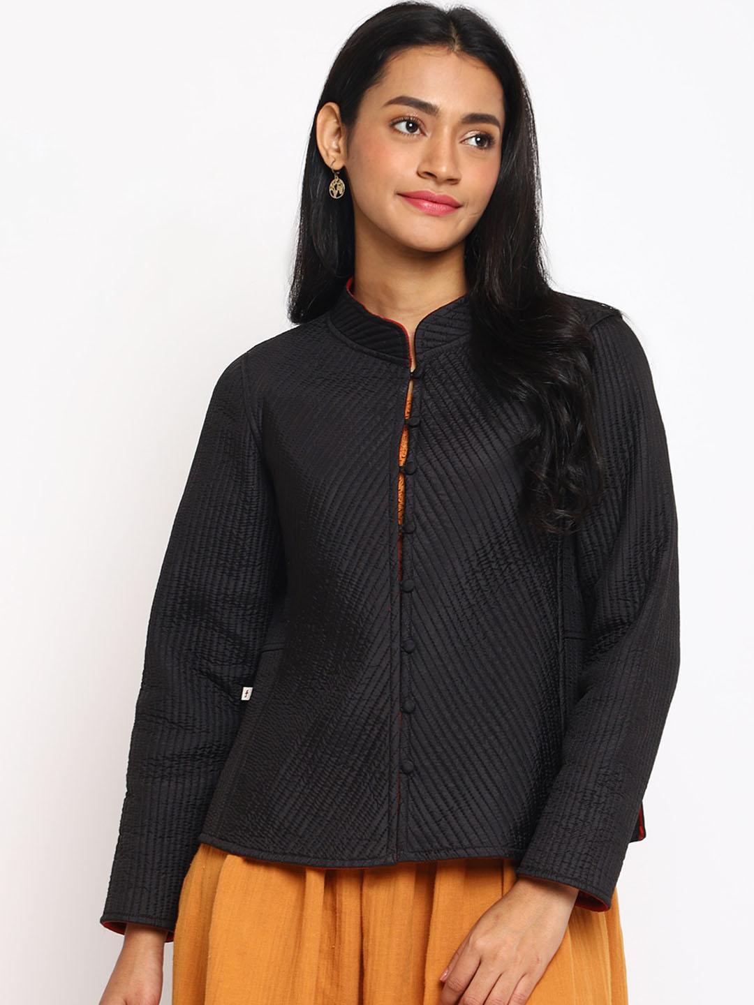 Buy Fabindia Self Design Long Sleeves Mandarin Collar Reversible Silk ...