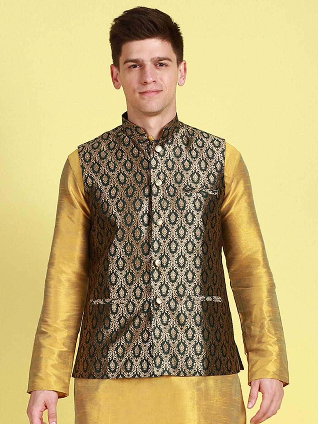 Buy Here&Now X Sanwara Ethnic Motifs Woven Design Mandarin Collar Nehru ...