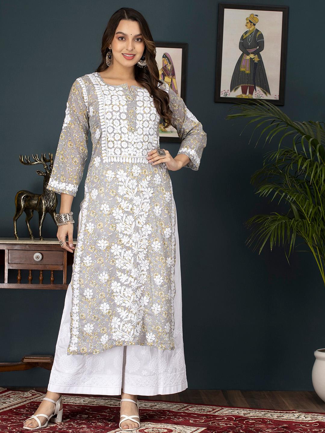 Buy PARAMOUNT CHIKAN Women Embroidered Lucknowi Chikankari Mulmul Kurta ...