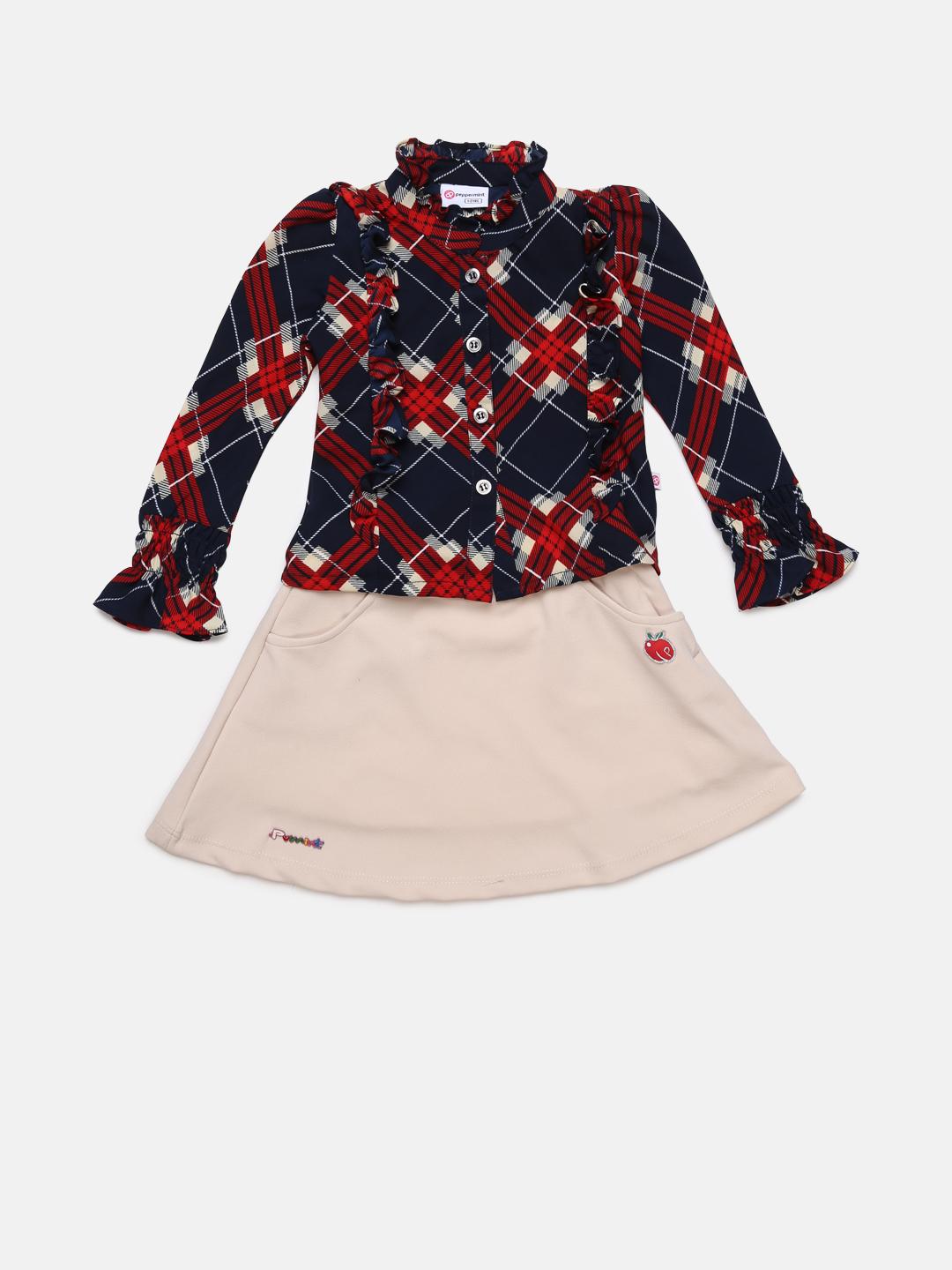 Buy Peppermint Girls Navy Blue & Pink Checked Clothing Set - Clothing ...
