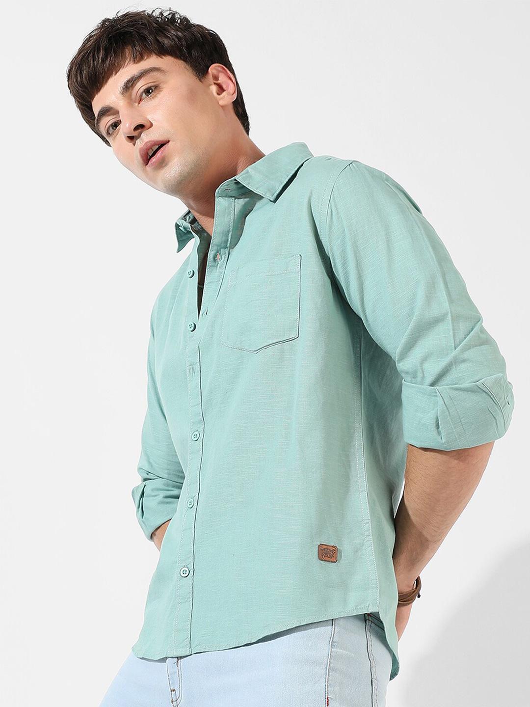 Buy Campus Sutra Green Spread Collar Classic Fit Cotton Casual Shirt ...