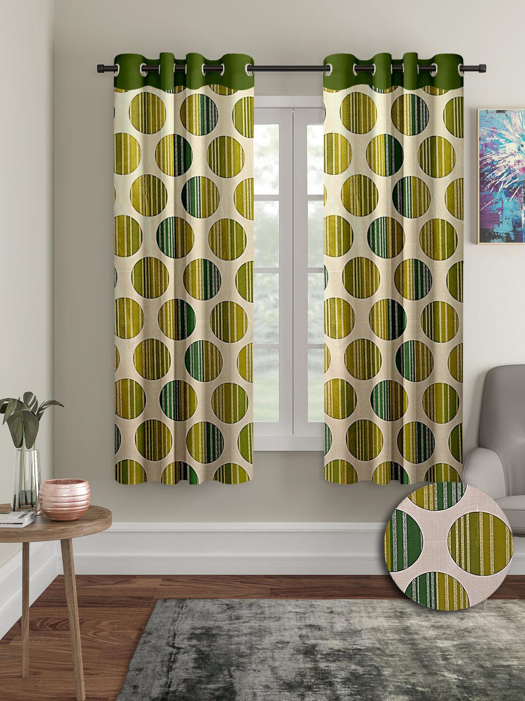 Buy Cortina Olive Green & Cream 2 Pieces Geometric Window Curtains ...